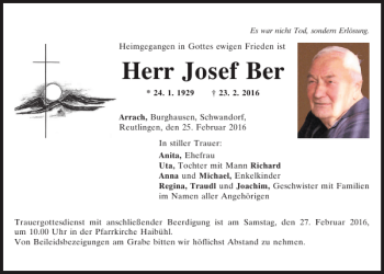 Traueranzeigen von Josef Ber | Mittelbayerische Trauer