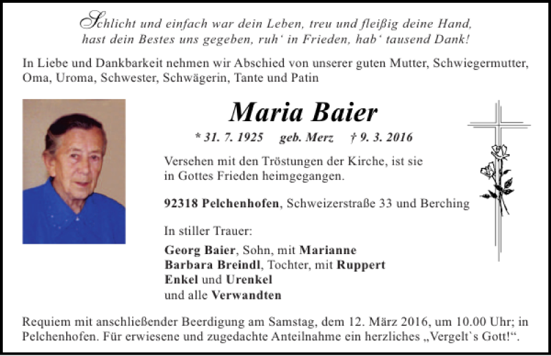 Traueranzeigen von Maria Baier | Mittelbayerische Trauer