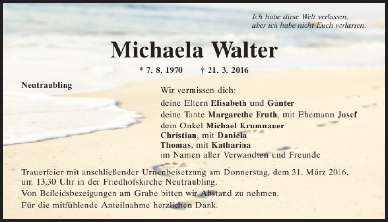 Traueranzeigen von Michaela Walter | Mittelbayerische Trauer