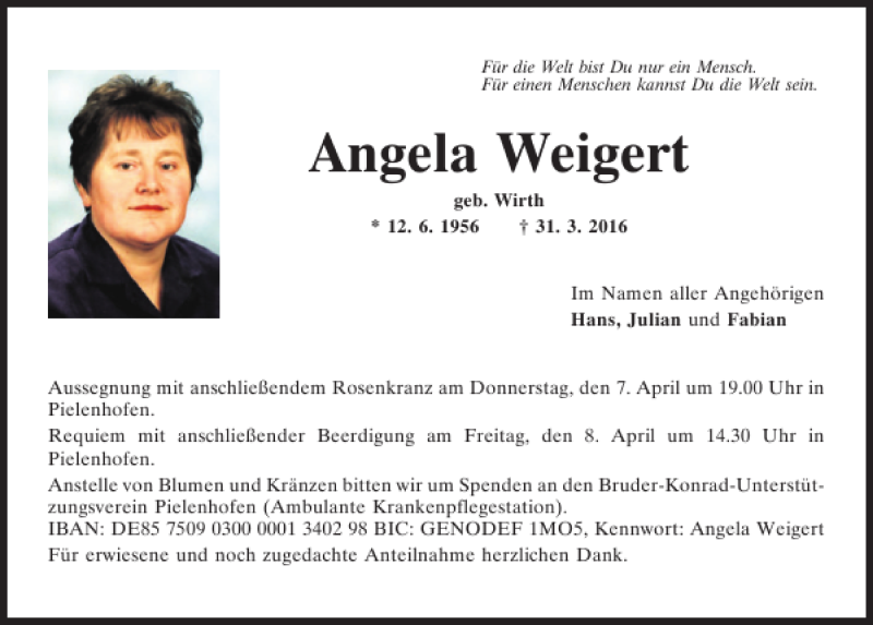 Traueranzeigen von Angela Weigert | Mittelbayerische Trauer