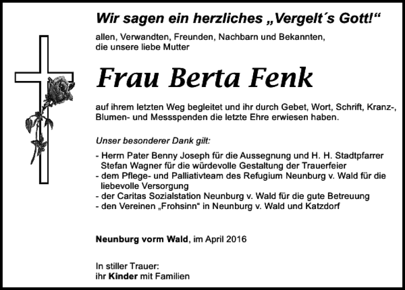 Traueranzeigen von Berta Fenk | Mittelbayerische Trauer