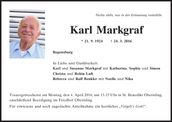 Traueranzeigen von Karl Markgraf | Mittelbayerische Trauer