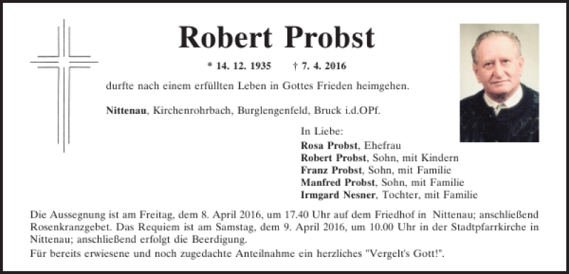 Traueranzeigen von Robert Probst | Mittelbayerische Trauer