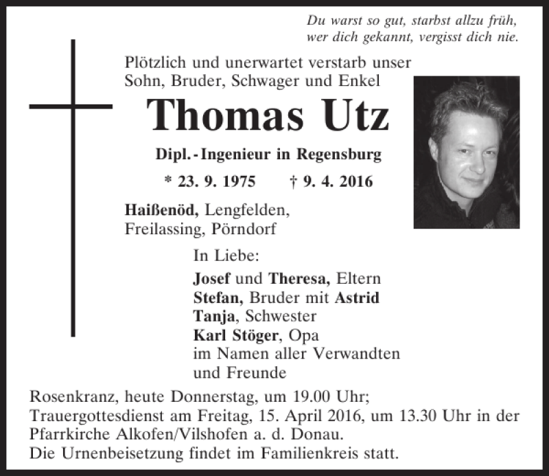 Traueranzeigen von Thomas Utz | Mittelbayerische Trauer