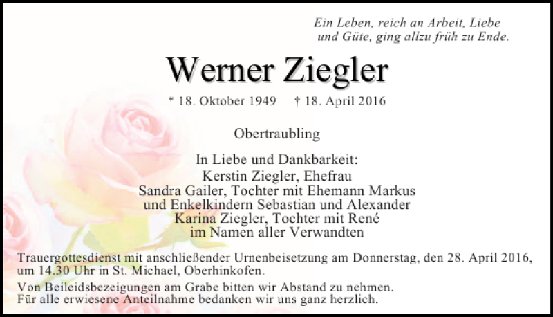 Traueranzeigen von Werner Ziegler | Mittelbayerische Trauer