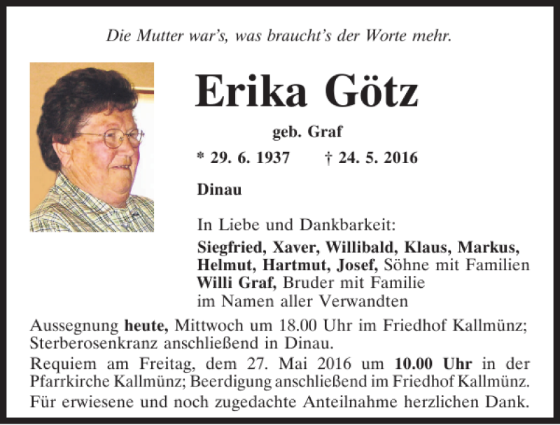 Traueranzeigen von Erika Götz | Mittelbayerische Trauer