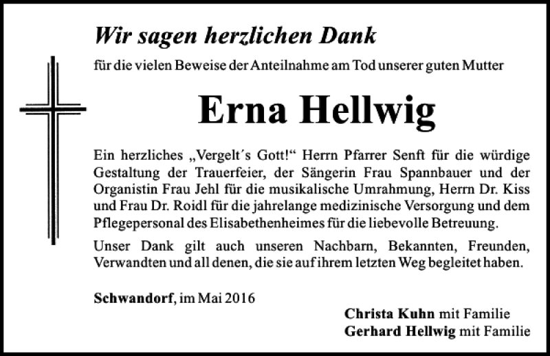 Traueranzeigen von Erna Hellwig | Mittelbayerische Trauer