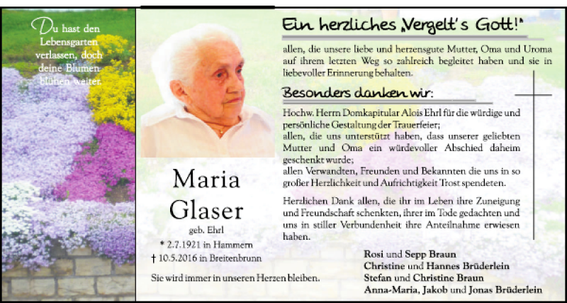 Traueranzeigen von Maria Glaser | Mittelbayerische Trauer