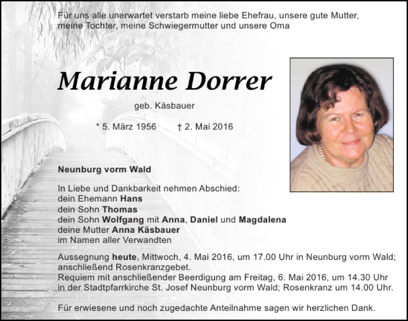 Traueranzeigen von Marianne Dorrer | Mittelbayerische Trauer
