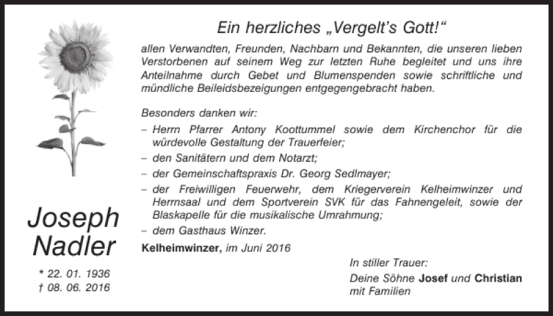 Traueranzeigen von Joseph Nadler | Mittelbayerische Trauer