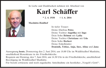 Traueranzeigen von Karl Schäffer | Mittelbayerische Trauer