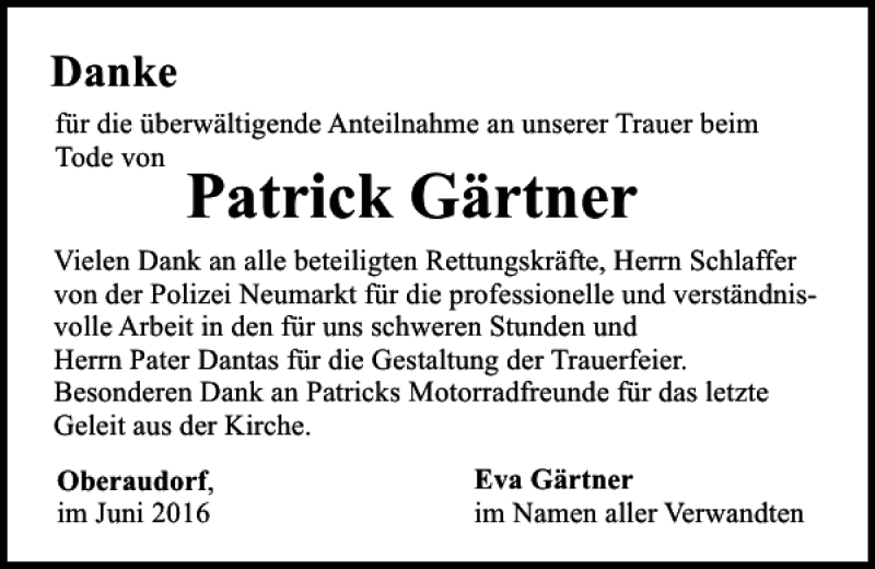 Traueranzeigen von Patrick Gärtner | Mittelbayerische Trauer