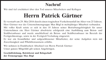 Traueranzeigen von Patrick Gärtner | Mittelbayerische Trauer