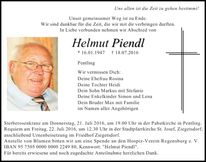 Traueranzeigen von Helmut Piendl | Mittelbayerische Trauer