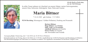 Traueranzeigen von Maria Bittner | Mittelbayerische Trauer