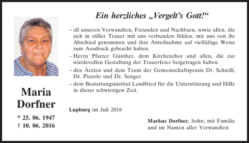 Traueranzeigen von Maria Dorfner | Mittelbayerische Trauer