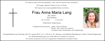 Traueranzeigen von Anna Maria Lang | Mittelbayerische Trauer