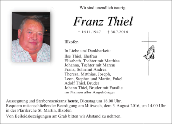 Traueranzeigen von Franz Thiel | Mittelbayerische Trauer