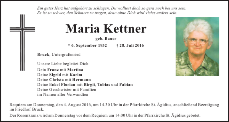 Traueranzeigen von Maria Kettner | Mittelbayerische Trauer