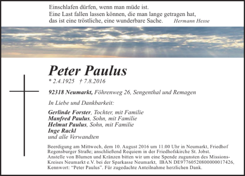 Traueranzeigen von Peter Paulus | Mittelbayerische Trauer