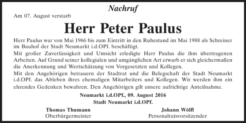 Traueranzeigen von Peter Paulus | Mittelbayerische Trauer