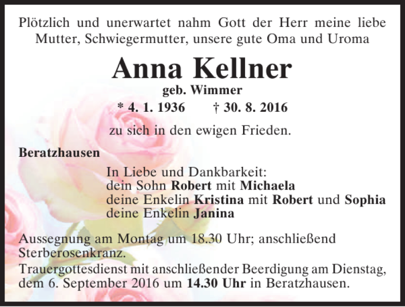 Traueranzeigen von Anna Kellner | Mittelbayerische Trauer
