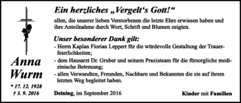 Traueranzeigen von Anna Wurm | Mittelbayerische Trauer
