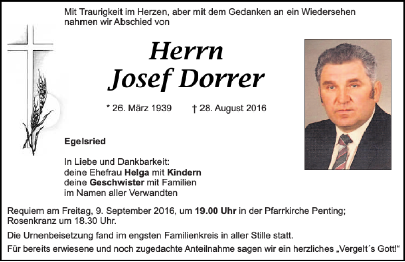 Traueranzeigen von Josef Dorrer | Mittelbayerische Trauer