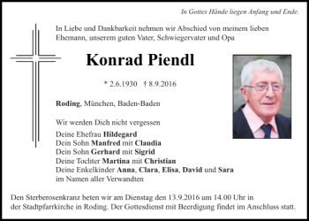 Traueranzeigen von Konrad Piendl | Mittelbayerische Trauer