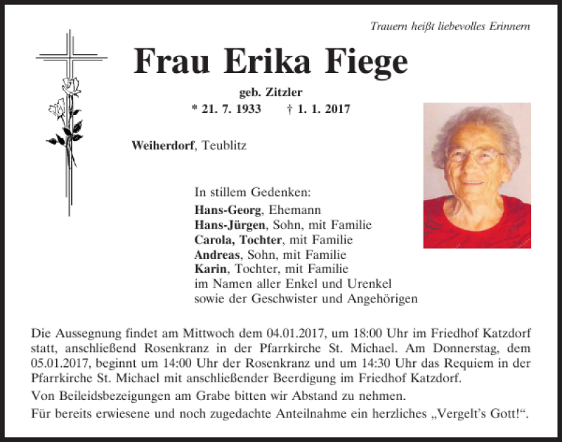 Traueranzeigen von Erika Fiege | Mittelbayerische Trauer