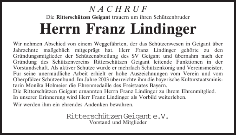 Traueranzeigen von Franz Lindinger Geigant | Mittelbayerische Trauer