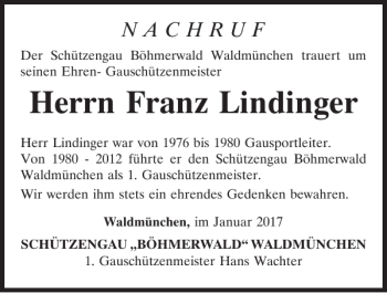 Traueranzeigen von Franz Lindinger Waldmünchen | Mittelbayerische Trauer