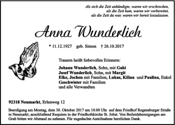 Traueranzeigen von Anna Wunderlich | Mittelbayerische Trauer
