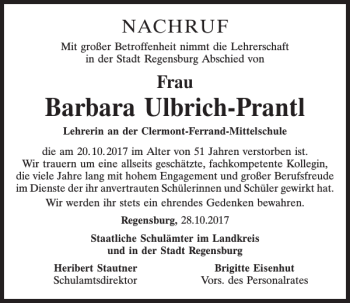 Traueranzeigen von Barbara Ulbrich-Prantl | Mittelbayerische Trauer