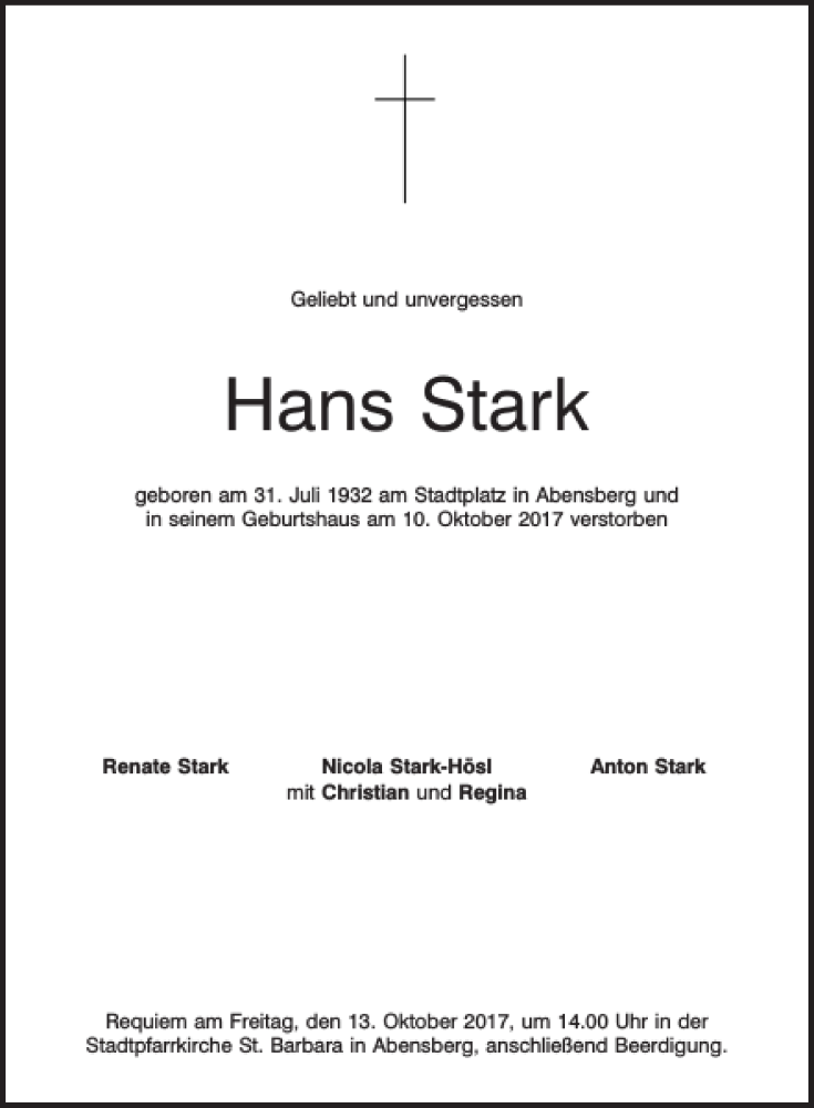 Traueranzeigen von Hans Stark | Mittelbayerische Trauer