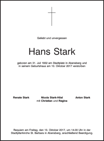 Traueranzeigen von Hans Stark | Mittelbayerische Trauer