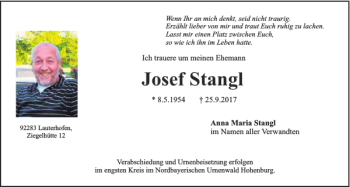 Traueranzeigen von Josef Stangl | Mittelbayerische Trauer