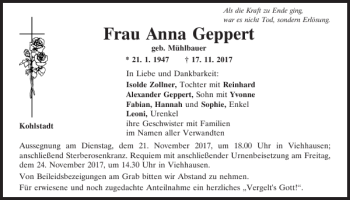 Traueranzeigen von Anna Geppert | Mittelbayerische Trauer