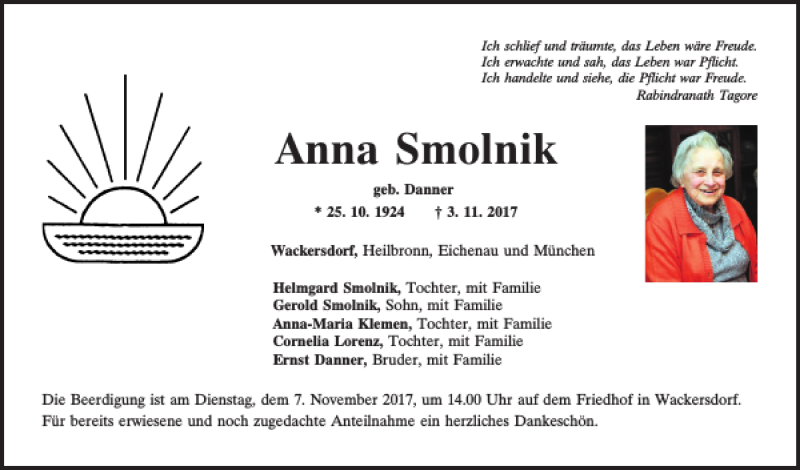 Traueranzeigen von Anna Smolnik | Mittelbayerische Trauer