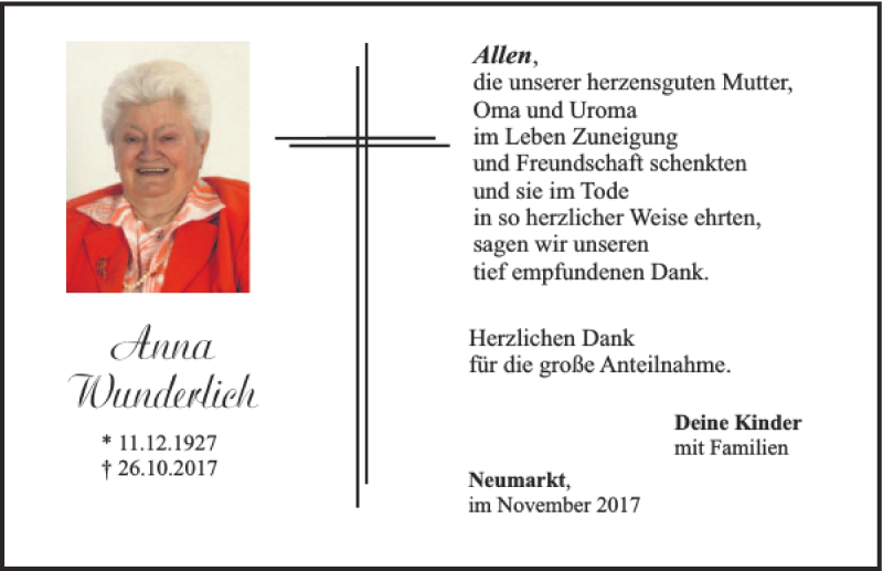 Traueranzeigen von Anna Wunderlich | Mittelbayerische Trauer
