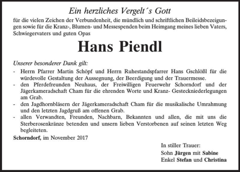 Traueranzeigen von Hans Piendl | Mittelbayerische Trauer