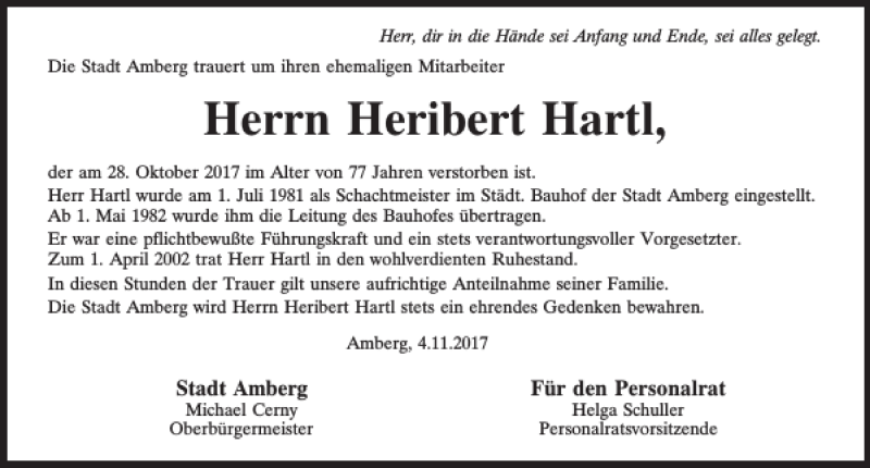 Traueranzeigen von Heribert Hartl | Mittelbayerische Trauer