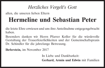 Traueranzeigen von Hermeline ud Sebastain Peter | Mittelbayerische Trauer