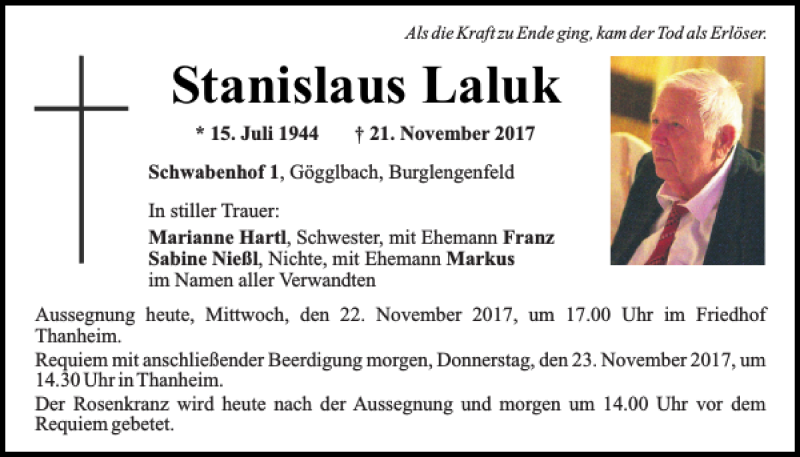 Traueranzeigen von Stanislaus Laluk | Mittelbayerische Trauer