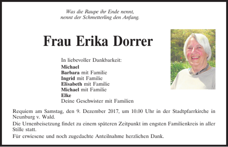 Traueranzeigen von Erika Dorrer | Mittelbayerische Trauer
