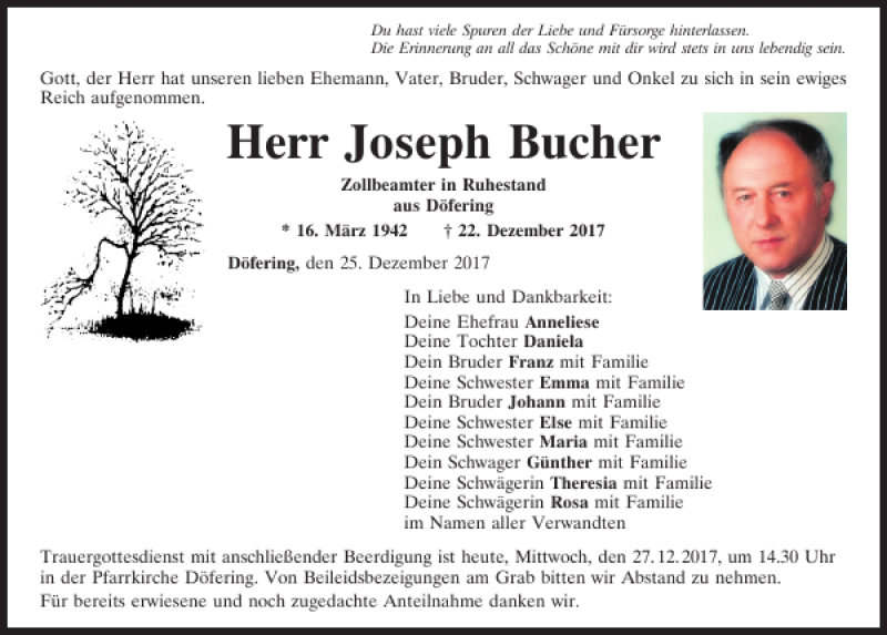 Traueranzeigen von Joseph Bucher | Mittelbayerische Trauer
