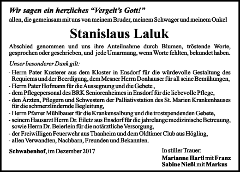 Traueranzeigen von Stanislaus Laluk | Mittelbayerische Trauer