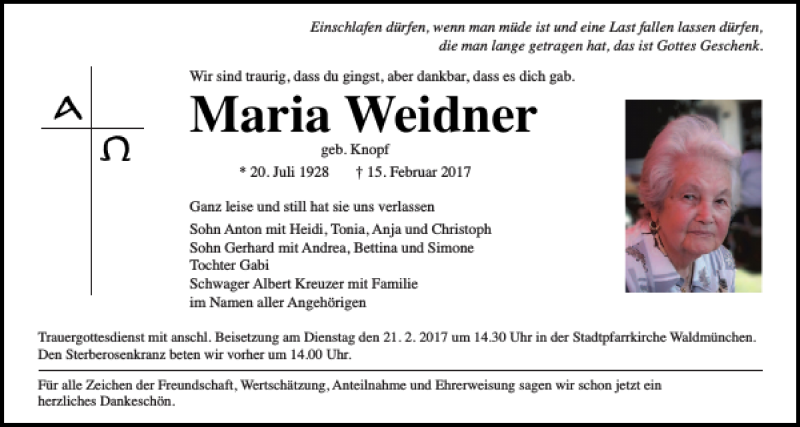 Traueranzeigen von Maria Weidner Waldmünchen | Mittelbayerische Trauer