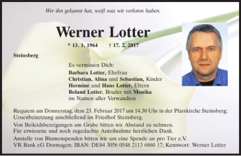 Traueranzeigen von Werner Lotter | Mittelbayerische Trauer