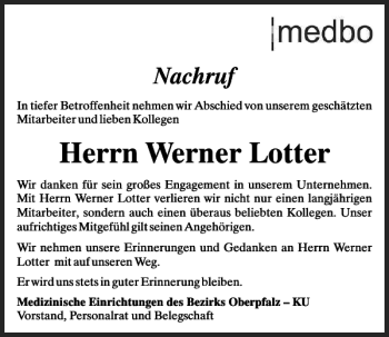 Traueranzeigen von Werner Lotter | Mittelbayerische Trauer